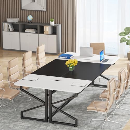 Tribesigns 8FT Conference Table, Modern Rectangular Meeting Room Table with Cable Grommet, 94.48L x 47.24W x 29.52H Inch, Large Seminar Table for Home Office, Meeting Room (White and Black)