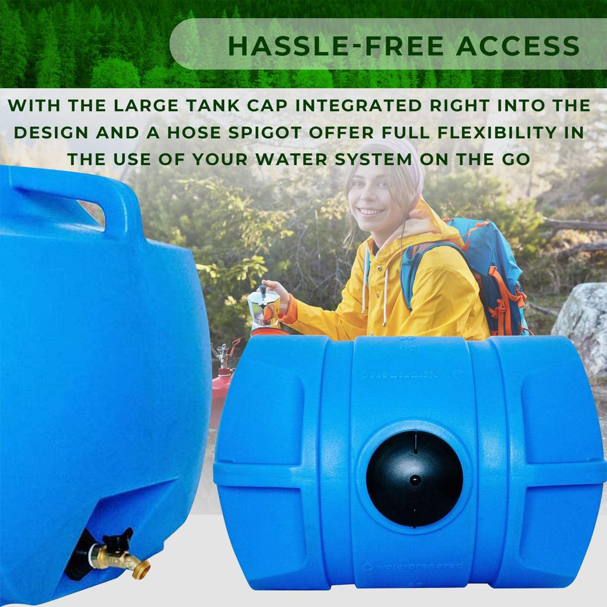 WaterPrepared 35 Gallon Utility Water Tank with Large Cap for Easy Filling, 3/4 Inch Brass Spigot, 2 Built in Strapping Points and 2 Handles, Blue