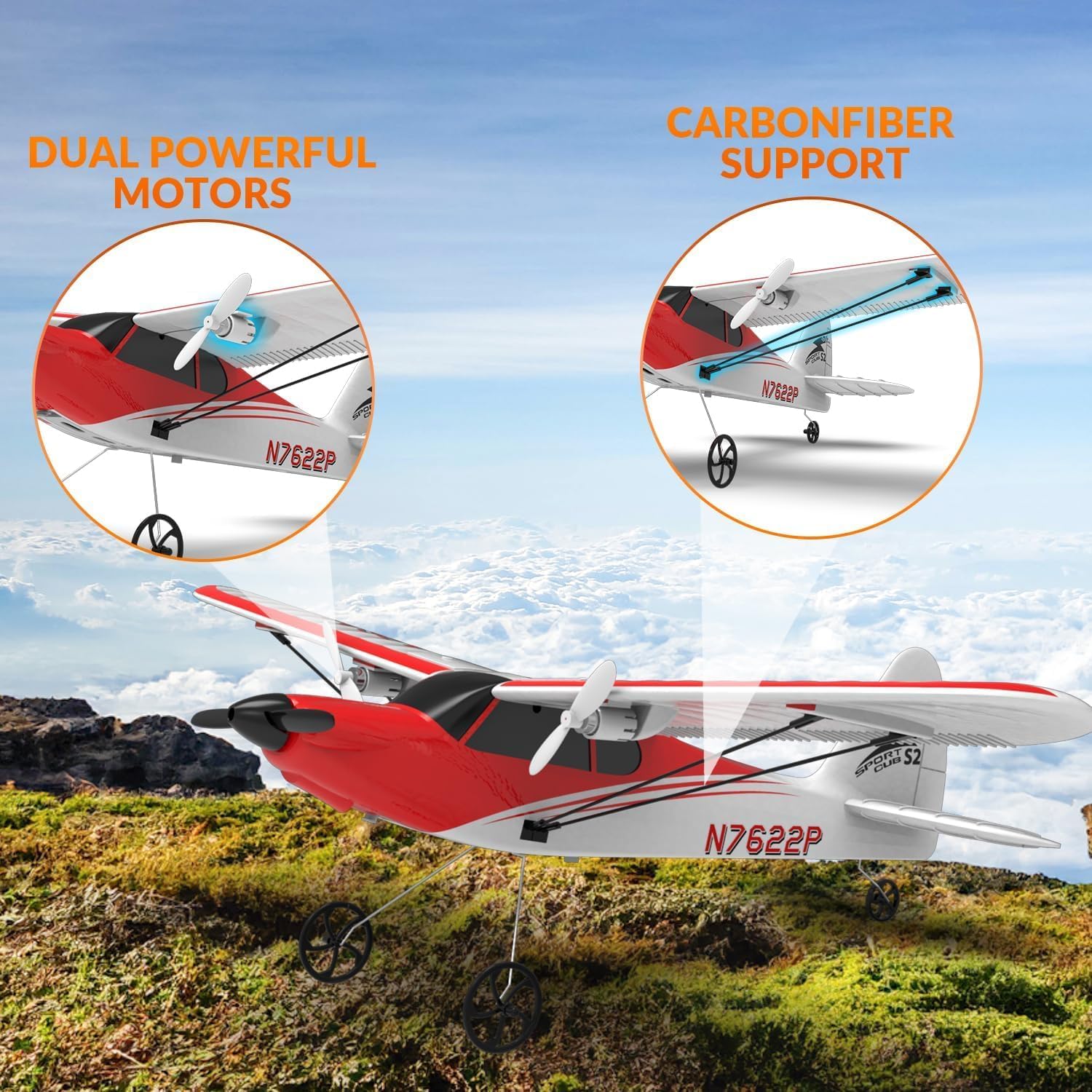 VOLANTEXRC RC Planes Sport Cub S2 for Kids, 2.4Ghz 2CH Remote Control Airlane Portable & Easy to Fly Outdoor Toy Gifts with Gyro Stabilizer for Beginner (Red)