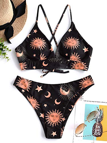 ZAFUL Star Sun Moon Print Bathing Suits for Women Back Criss Cross Lace-up Triangle Bikini (1-Black M)
