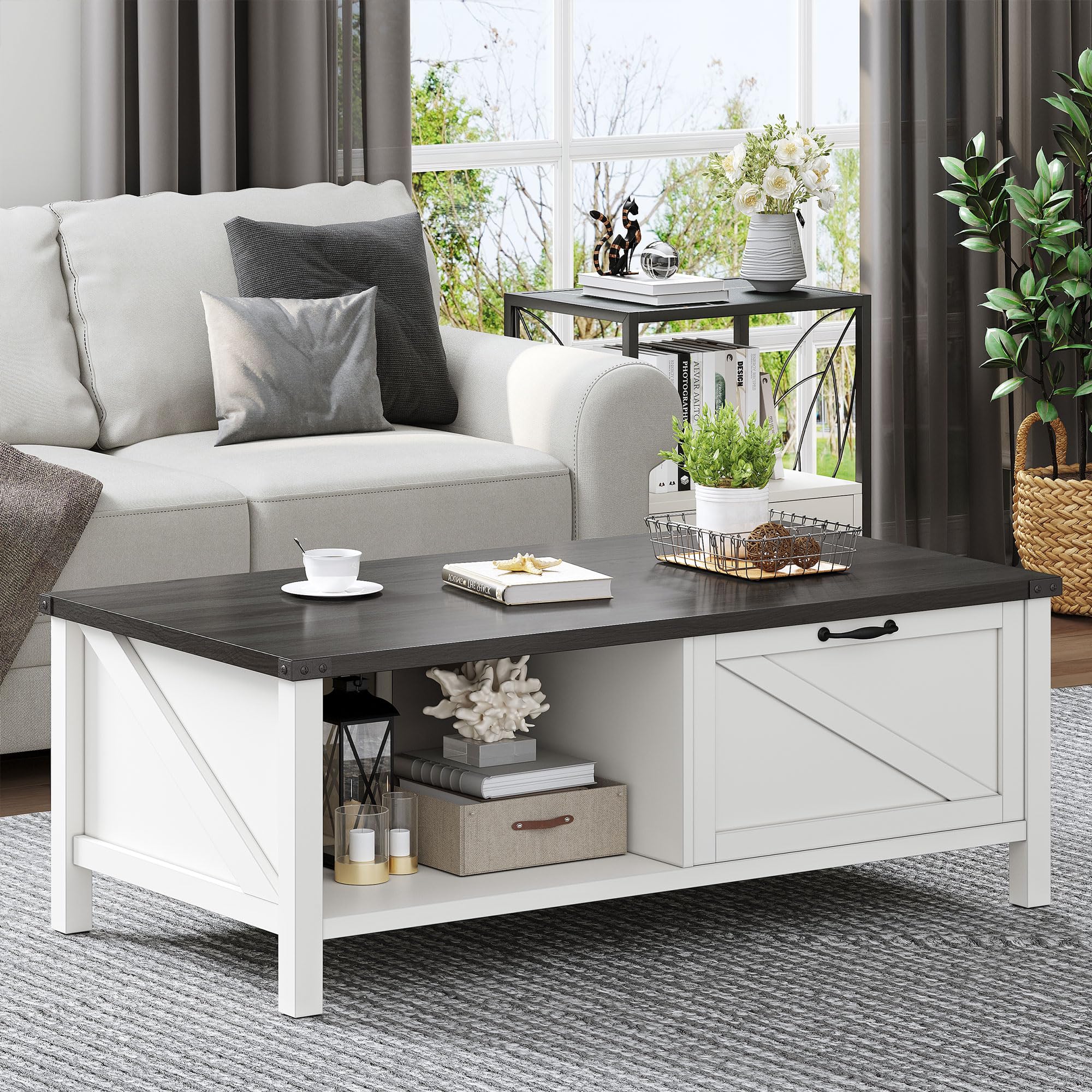 YITAHOME Farmhouse Coffee Table Wooden Cocktail Table,with Cabinets and 2-Tier Storage Open Shelf,Modern Rustic Center Rectangular Tables for Living Room,Home,Office,Living Meeting Room,White & Grey.