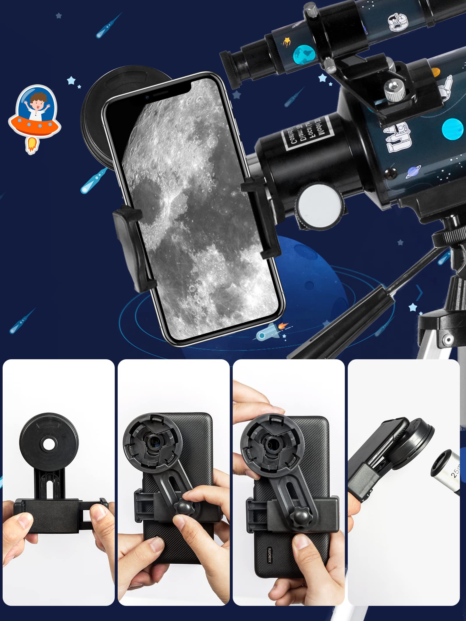 Telescope for Kids Adults Astronomy Beginners over 8 Years Old, 70mm Aperture Astronomical Refractor Telescopes with Phone Adapter & Wireless Remote, Astronomy Space for Christmas Birthday
