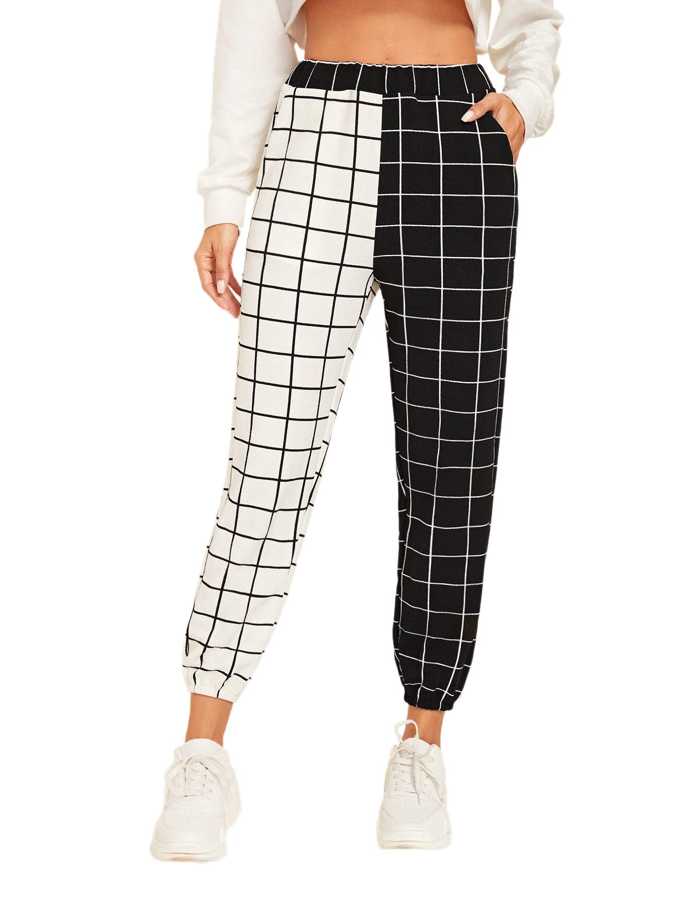 WDIRARA Women's Two Tone Plaid Print Elastic Waist Fashion Straight Leg Pants Black and White S