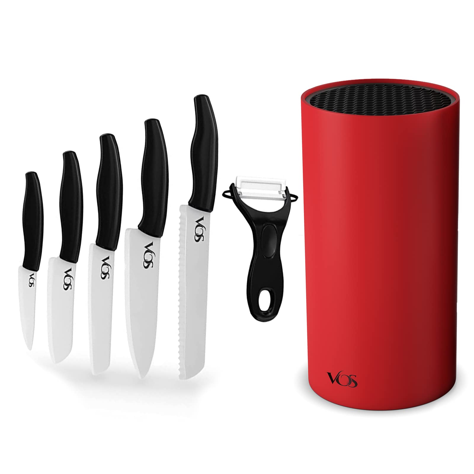 Vos Universal Knife Block and Ceramic Kitchen Knives With Peeler, Ceramic Paring Knife 4", 5", 6", 7", 8" Inch Black