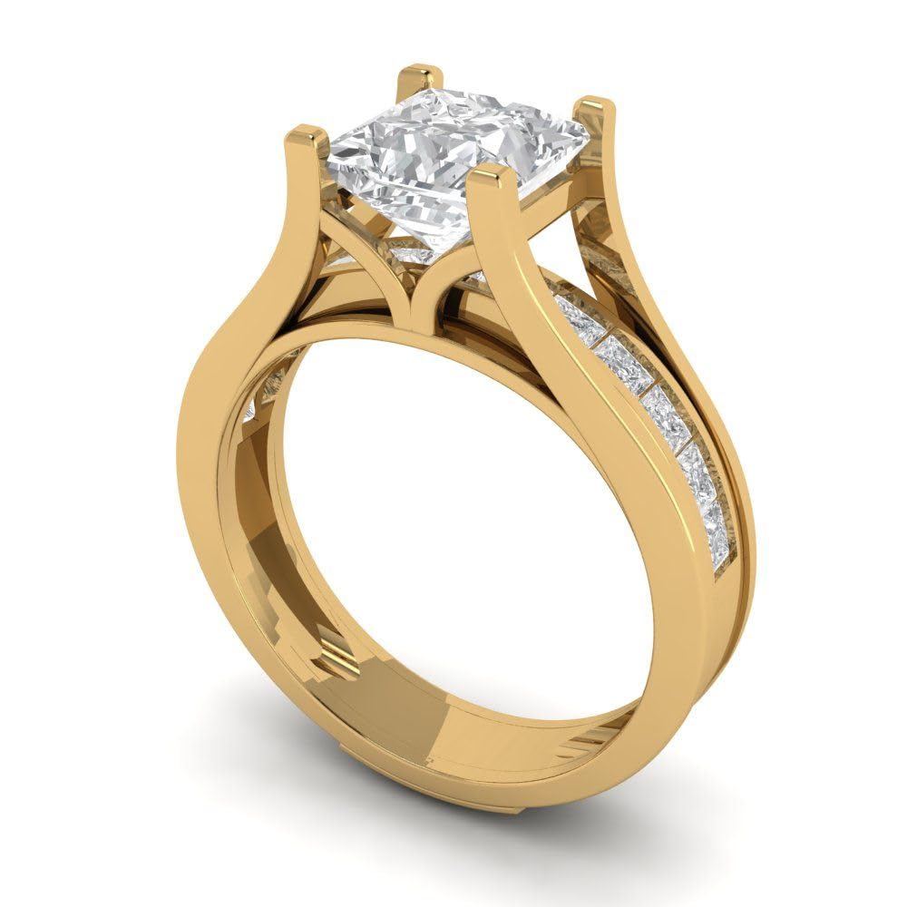Yellow 14k Gold Solitaire W/Accents Engagement Bridal promise Ring Band Set 2.28Ct Princess Cut Clear Simulated Diamond Sz 6