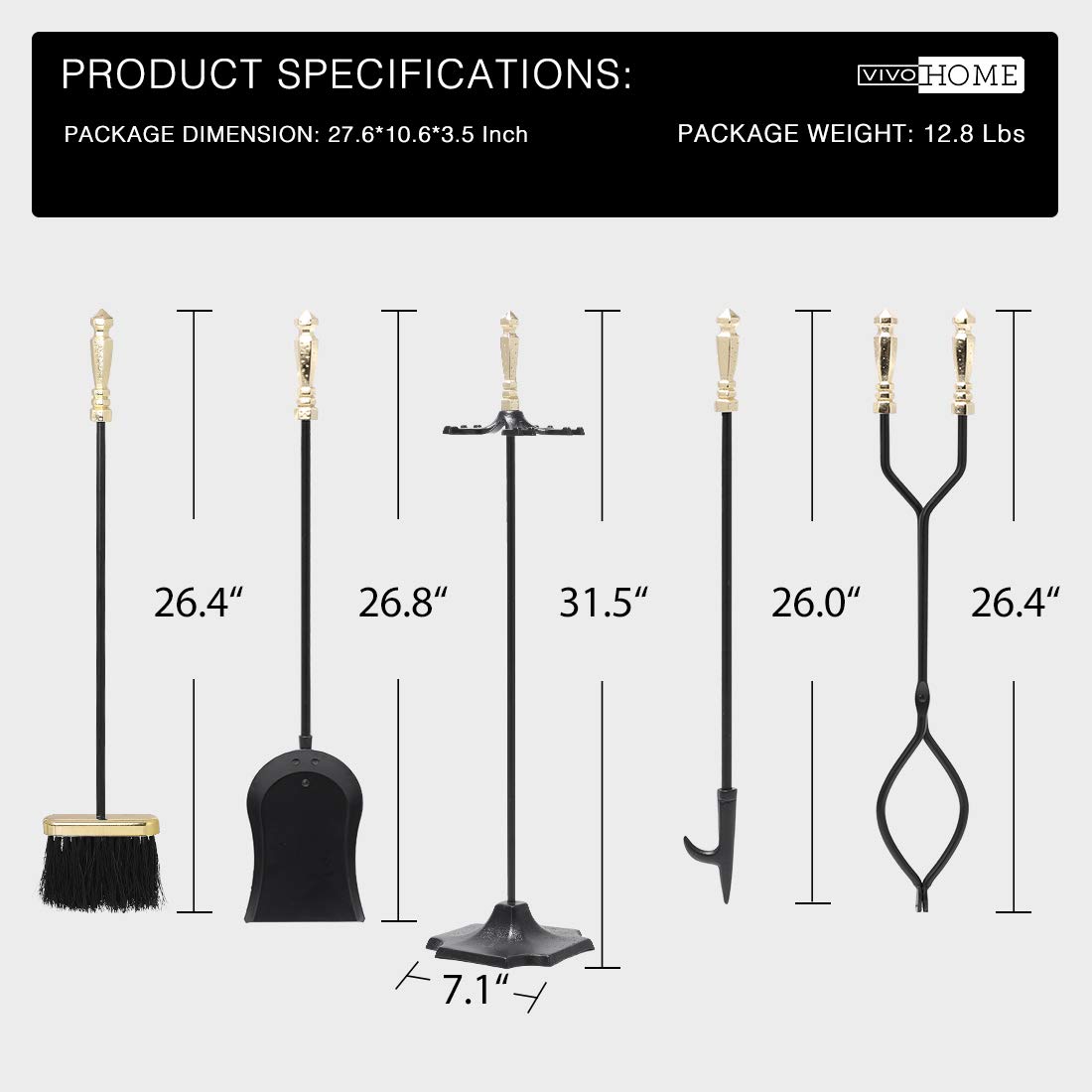 VIVOHOME Rustic Wrought Iron 5 Pieces Fireplace Tool Set with Poker Tongs Broom Shovel Stand and Brass Handle