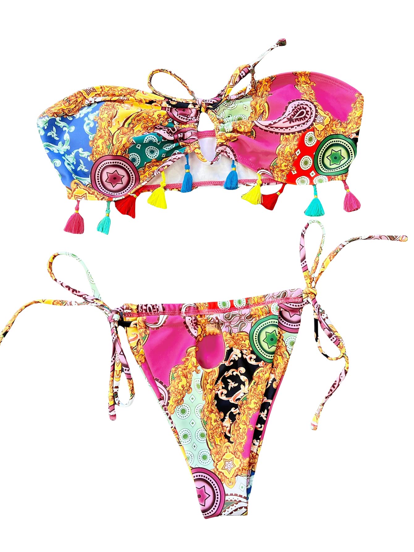 WDIRARA Women's Cutout Print Bandeau Top and Tie Side Bikini Set 2 Piece Sexy Swimsuits Multi Paisley S