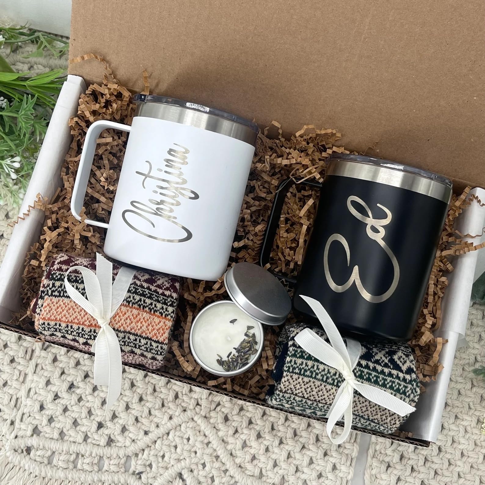YourWoodenStory Gift Basket For A Couple Personalized Hygge Gift For Two Happy Anniversary For Husband And Wife Just Married Gift For Two Gift (White/Black)
