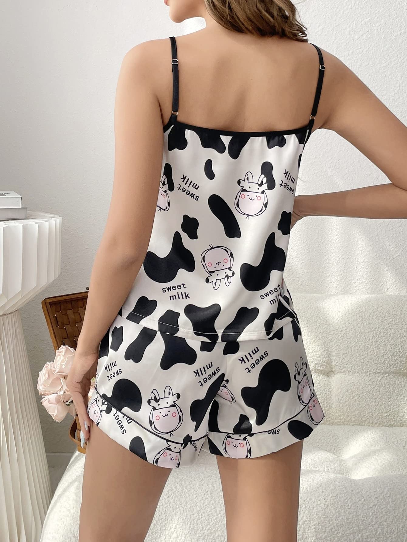 WDIRARA Women's Satin Cute 2 Piece Cow Print Camisole and Shorts Summer Pajamas Set Black and White S