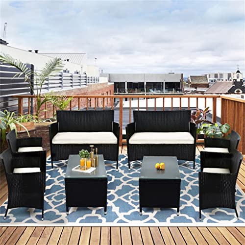 YÁSEZ 8 PCS Patio Furniture Outdoor Garden Conversation Wicker Sofa Set, Beige Cushions +Black Wicker