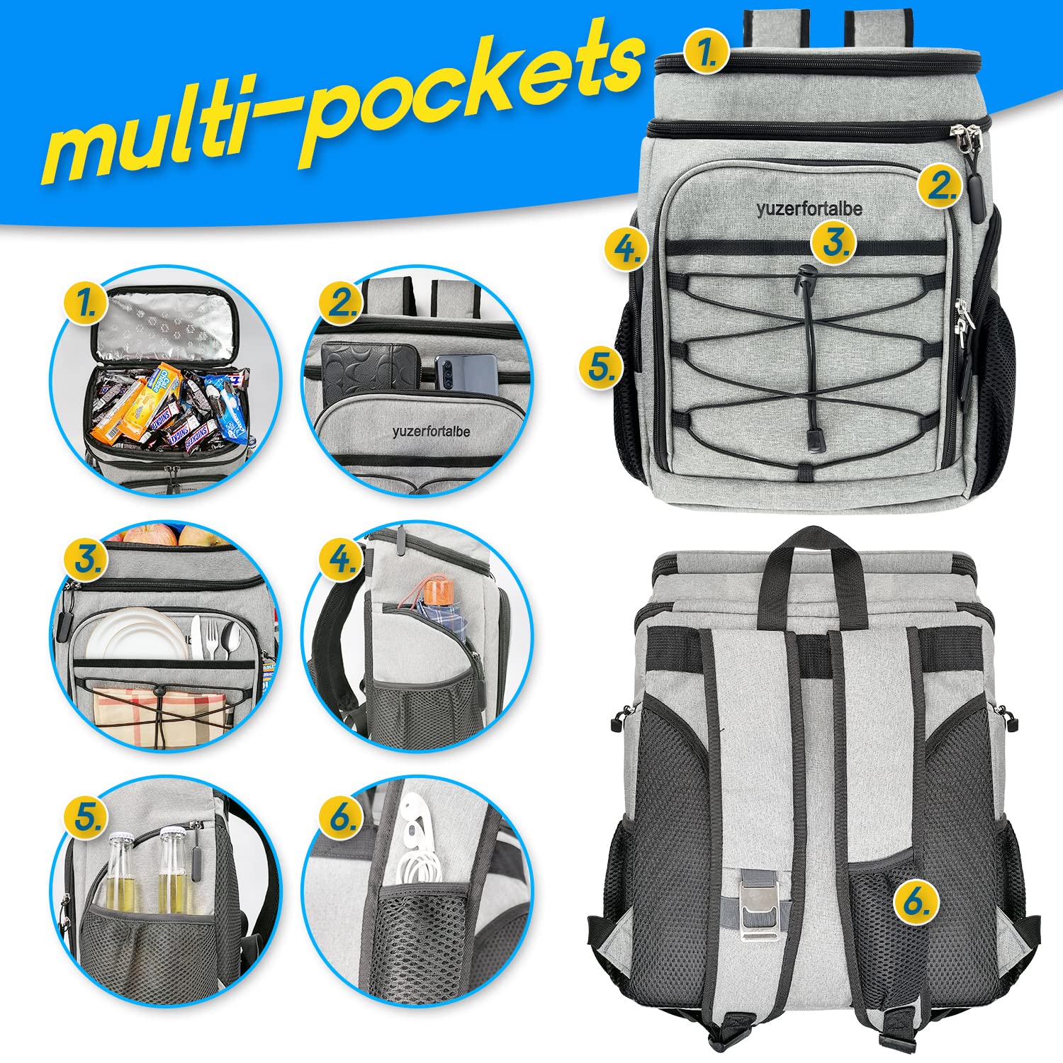 yuzerfortalbe Backpack Coolers Insulated Leak Proof 35 can, Insulated Backpack Soft Beach Cooler Bag for Lunch Picnic Fishing Hiking Camping Gray