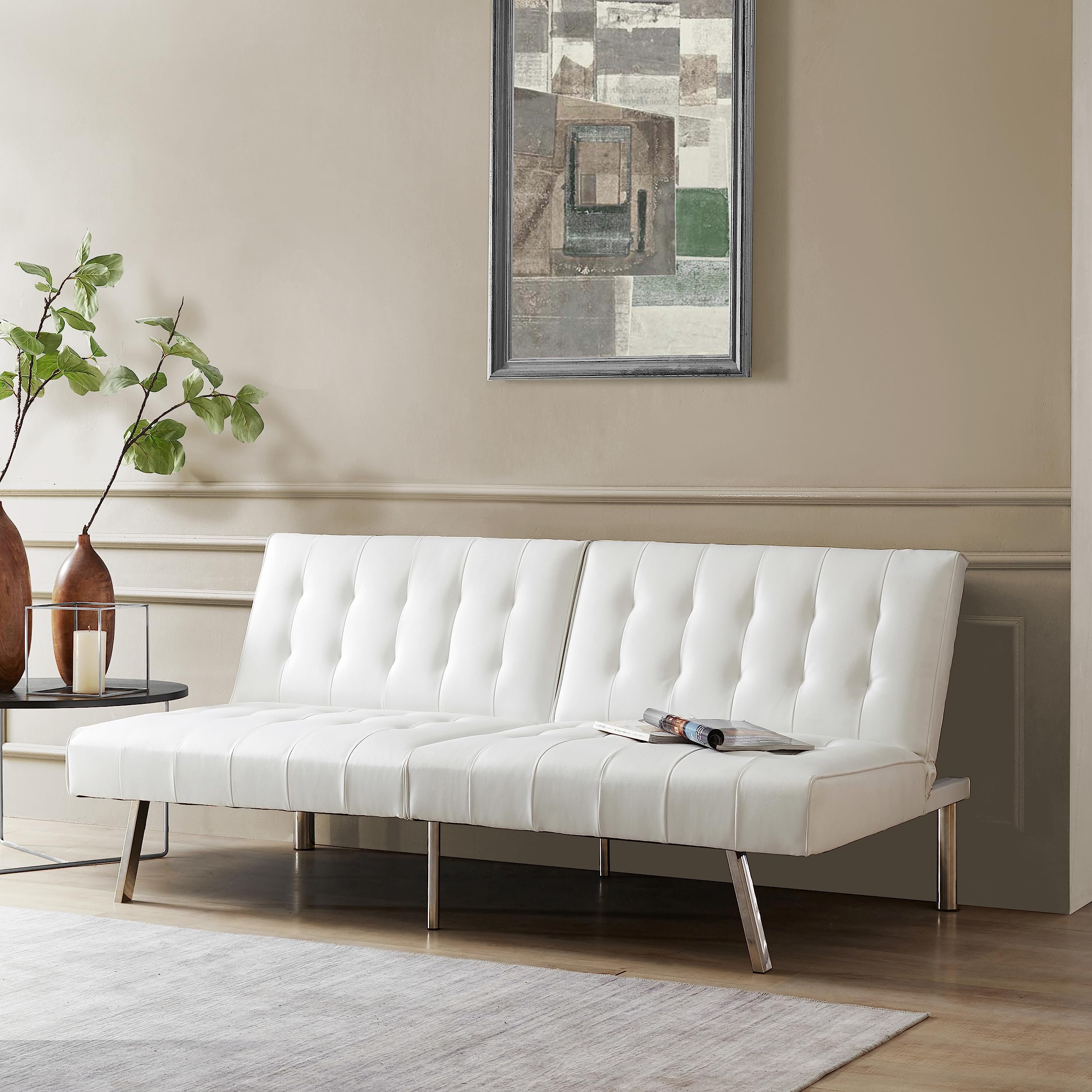 White Futon Sofa Bed, Durable Faux Leather Futon Couch, Split Back Sofa Bed Couch With Metal Legs, Folding, Reclining Small Couch Bed, Pull Out Sofa Bed, White Futon Sofa Bed For Living Room