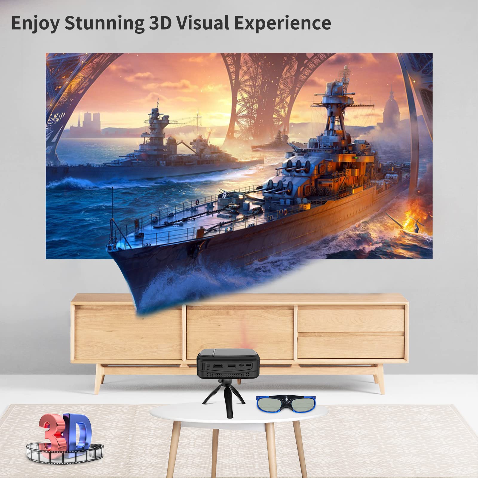WIKISH Mini Portable Projector Wireless Wifi Airplay Smart Phone,Pocket Dlp 3D Movie 5200mAh Battery Video Projector Support Pc Av Hdmi Usb Stick Ps4