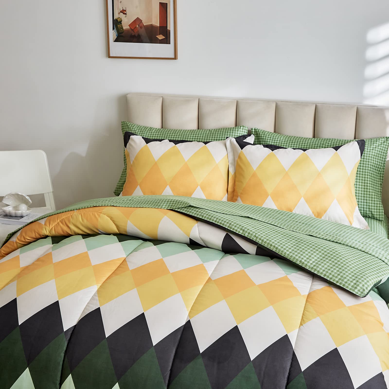 UOZZI BEDDING Rhombus Comforter Sheet Set 7 Pieces Bed in a Bag White Green Yellow Diamond King Size (1 Comforter 2 Pillow Shams 1 Flat Sheet 1 Fitted Sheet 2 Pillowcases)