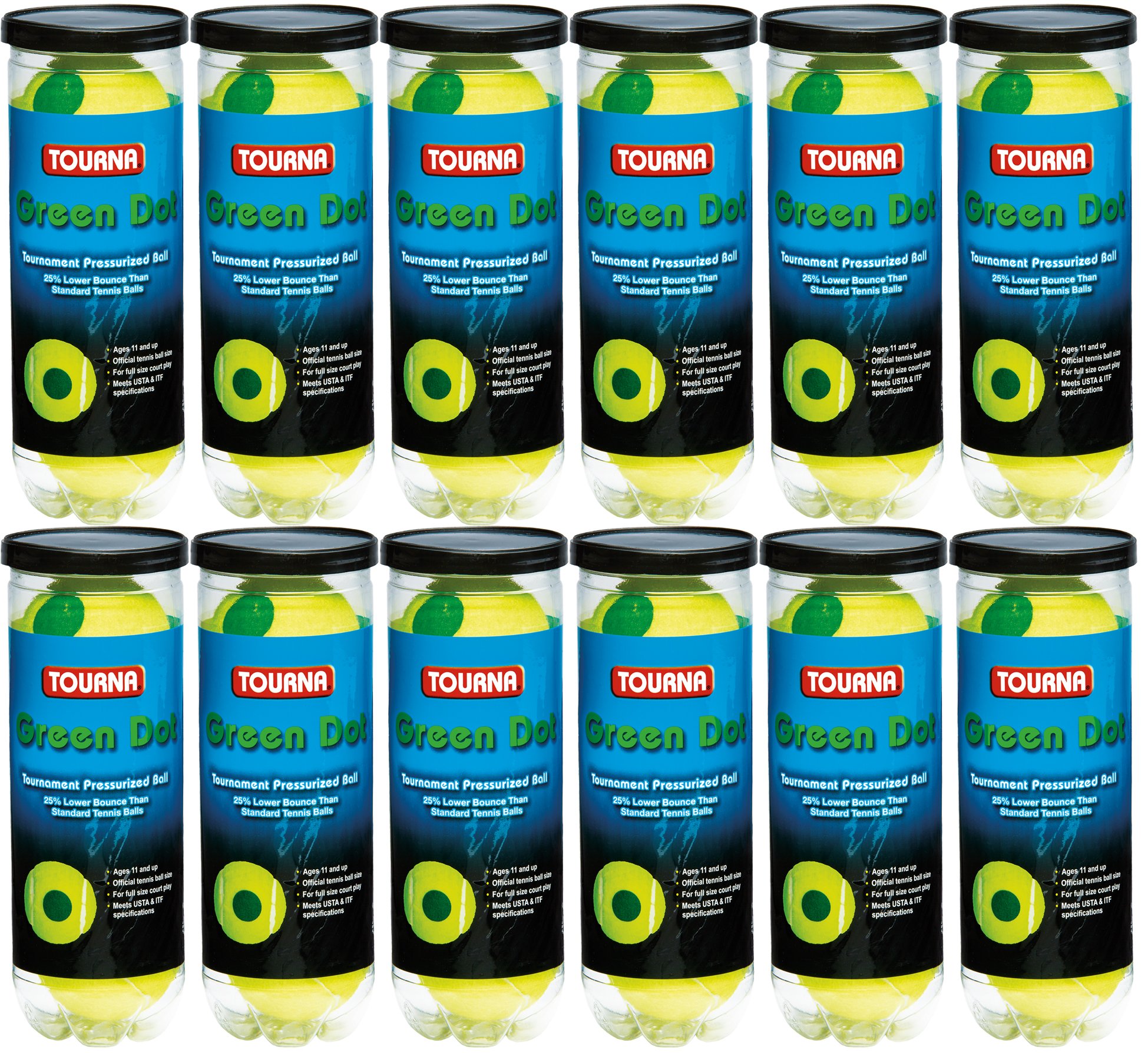TOURNA 12 Pack Pressurized Green Dot Tennis Balls in a Pressurized Can, USTA Approved