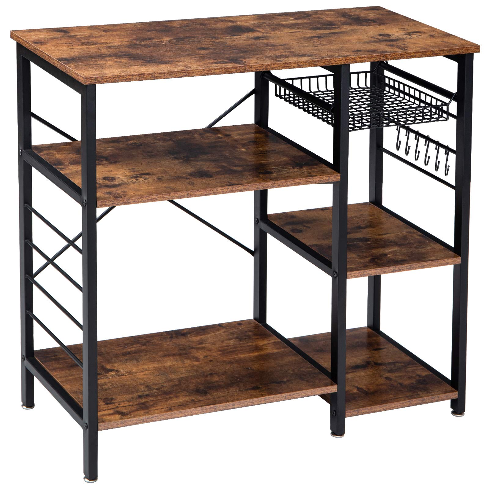 YMYNY Baker’s Rack, Coffee Bar Table Station, Microwave Oven Stand, Multifunctional Kitchen Organizer Workstation, Utility Storage Shelf Rack with 6 S-Hooks, Rustic Brown, 35.4*33.1*15.75 " UHTMJ021H