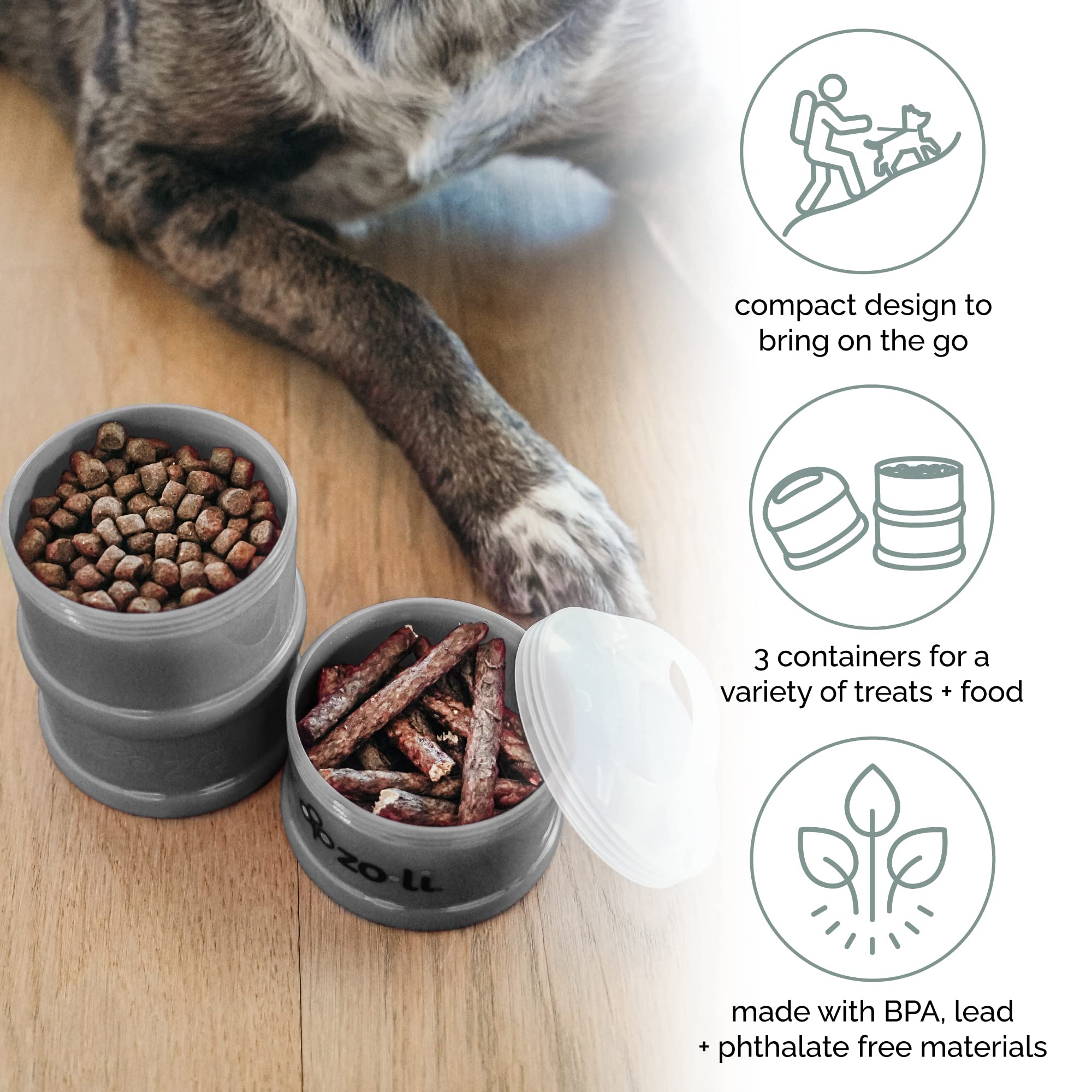 Zo·Li Pet Treat Tower Grey | Large stackable pet treat containers, pet food travel container, 3 containers 8oz each, modular pet snack holder, dog treat containers