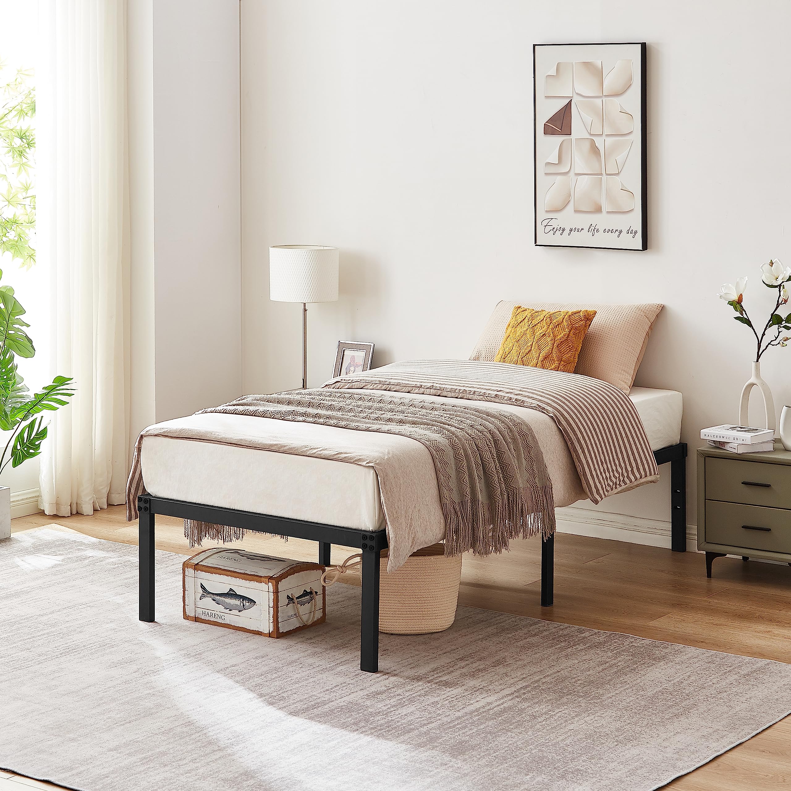 WORKKOOL 16 Inches Twin Size Platform Bed Frame,No Box Spring Needed Easy Assembly,Heavy Duty Steel Slat Mattress Foundation Noise Free
