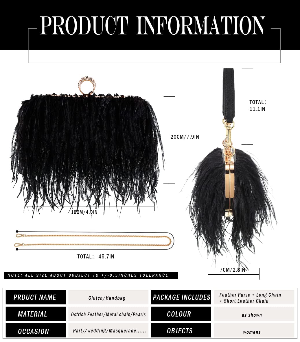 Zakia Real Natural Ostrich Feather Evening Clutch Shoulder Bag Party Bag (A-Black)