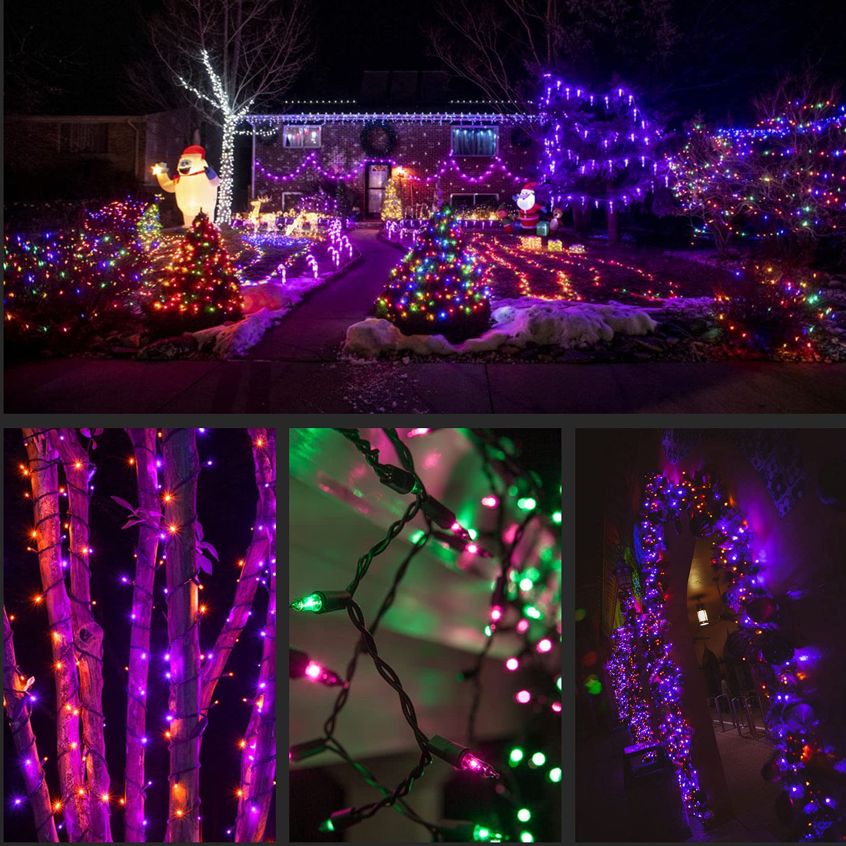 YULETIME Orange Green & Purple Halloween Lights with Black Wire, 66 Feet 200 Count UL Certified Christmas String Lights, Pack of 2 Sets 33 Ft 100 Count Mini Lights Set (Orange, Green & Purple)