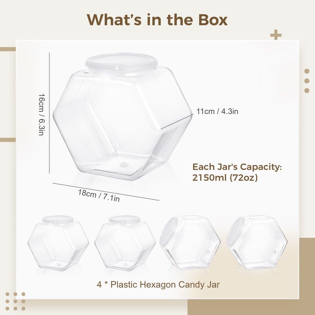 yeesport 4 PCS Plastic Hexagon Candy Jars, 72oz Plastic Cookie Jars with Lids, Food Storage Container, Wide Mouth Plastic Jar, Reusable Cookie Container, Countertop Organizer for Kitchens,