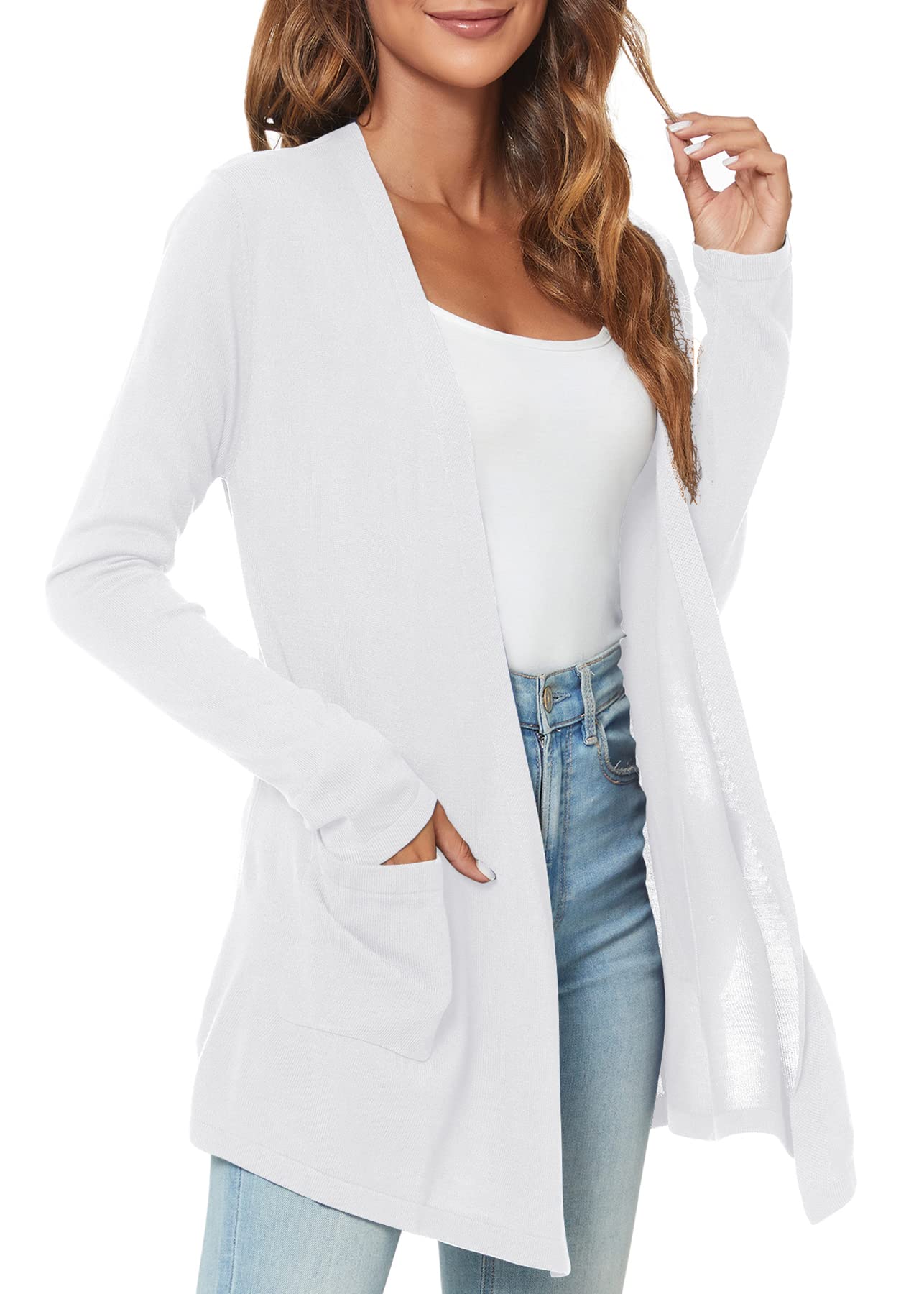 Urban CoCo Women's Long Sleeve Open Front Lightweight Cardigan Sweaters with Pockets (XL, White)