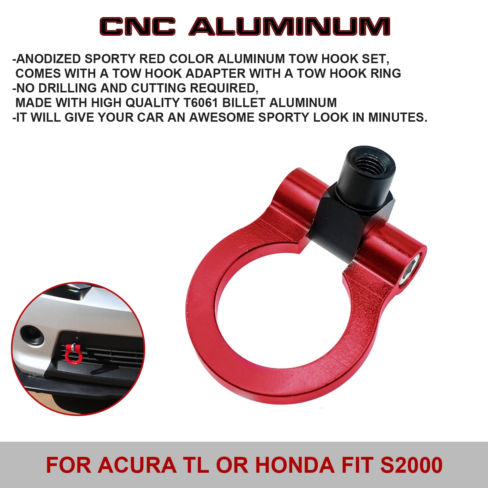 Xotic Tech JDM Sport Track Racing Style CNC Aluminum Screw-on Tow Hook Front Bumper Compatible with Honda S2000 2002-2009 & Fit 2006-2008 or Acura TL 2004-2008 (Red)