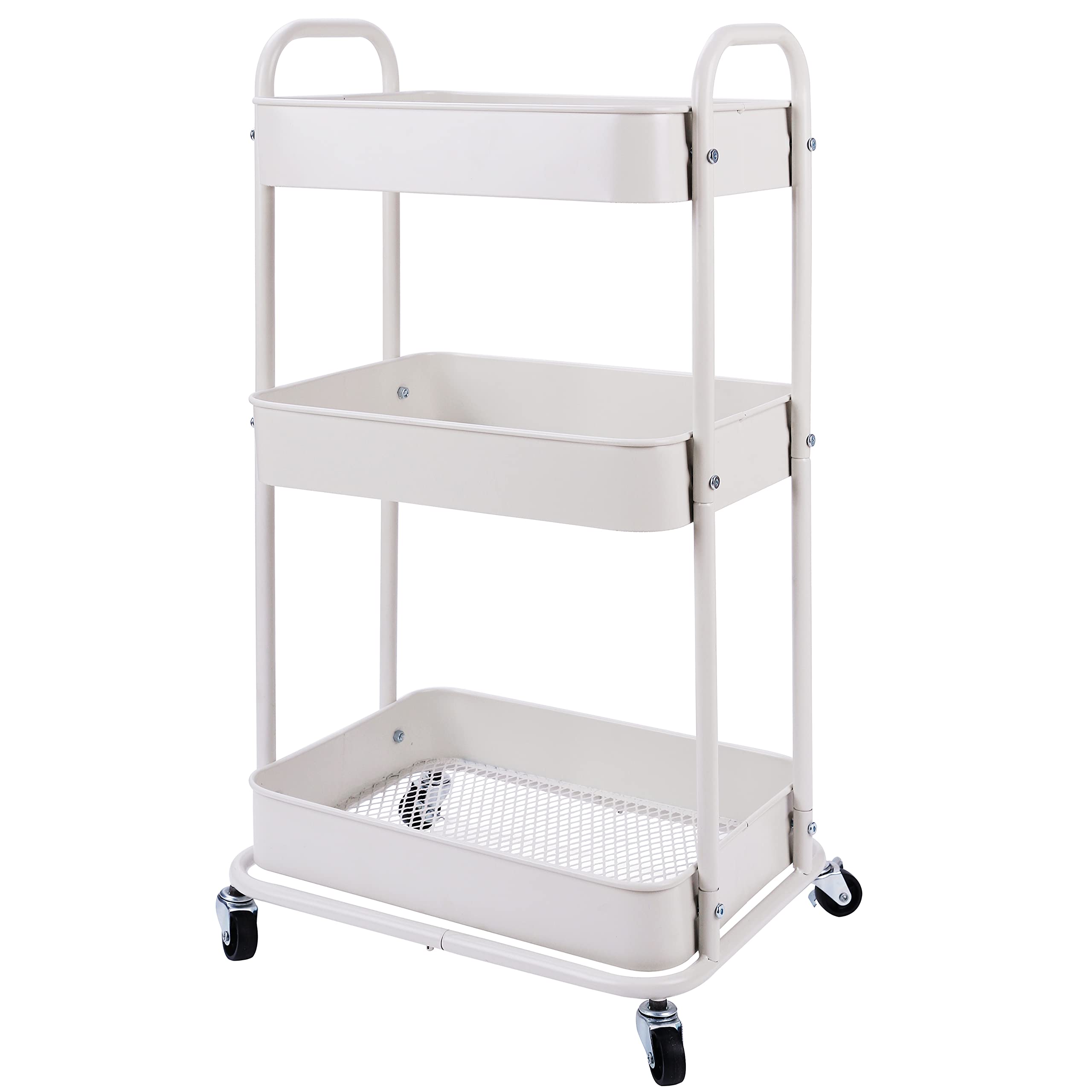YOHKOH 3-Tier Metal Rolling Utility Cart, Storage Trolley Cart with Mesh Baskets and Lockable Wheels for Bathroom Kitchen Office(White)