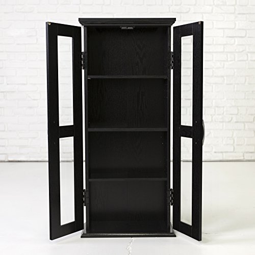 Walker Edison 4 Tier Shelf Living Room Storage Tall Bookshelf Cabinet Doors Home Office Tower Media Organizer, 41 Inch, Black