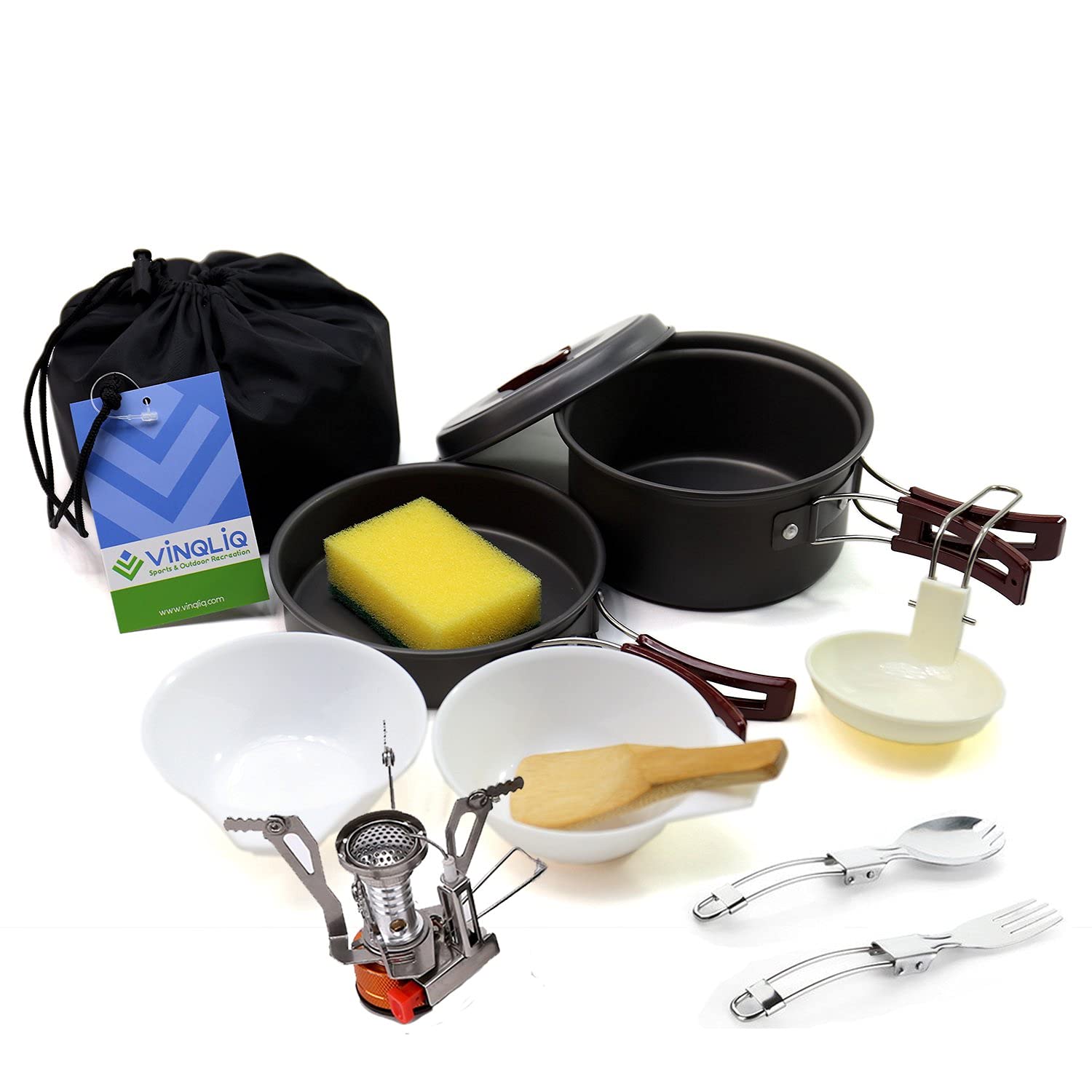 VINQLIQ® Camping Campfire Cookware Mess Kit Kitchen Cooking Equipment Set Lightweight Durable Bowls Pot Pan Kits Backpacking Gear for Outdoors, Backpacking, Hiking, Picnic (11Pcs (with Stove)