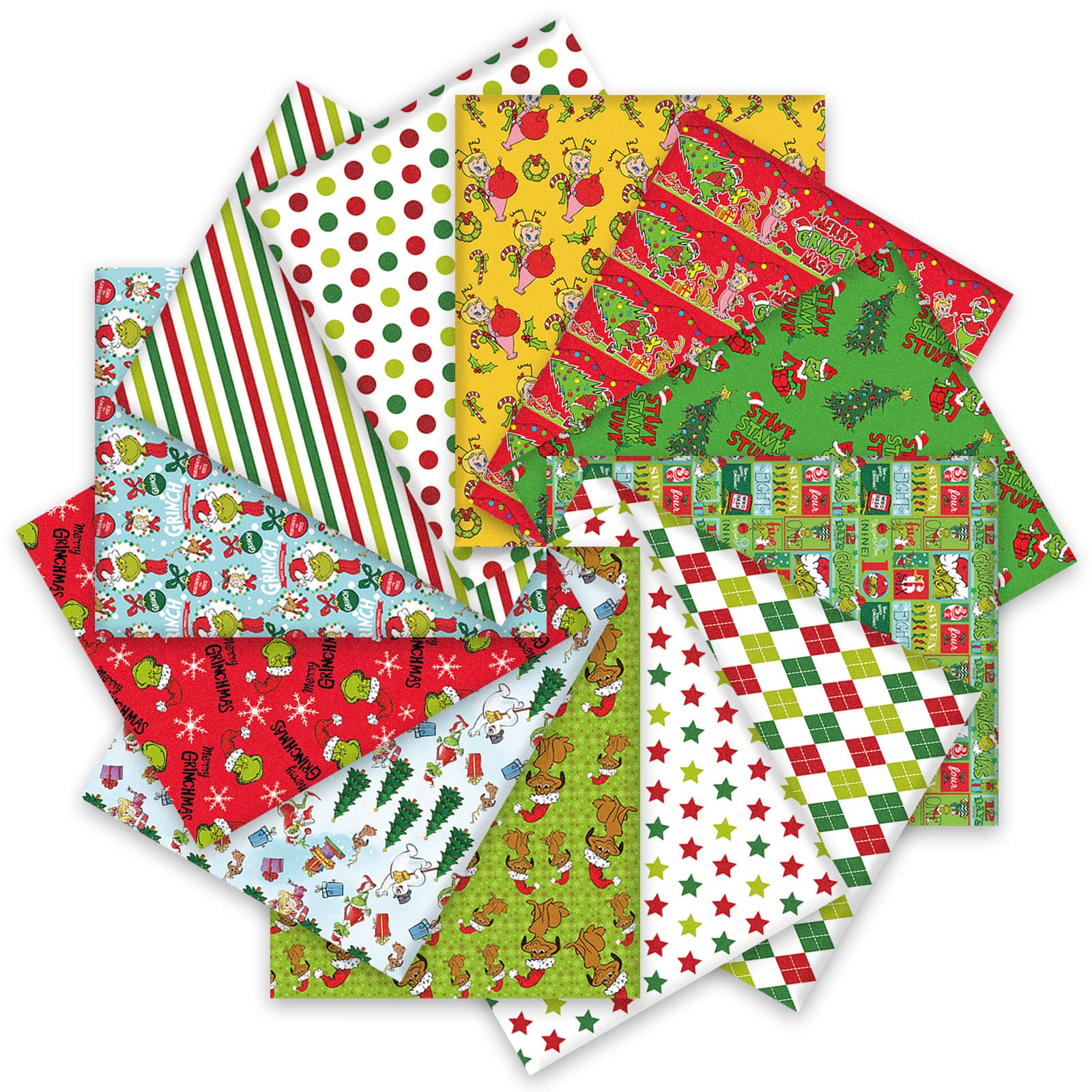 Whaline 12Pcs Christmas Fabric Fat Quarters Cartoon DIY Craft Decorative Fabric Bundles 12 Different Quilting Patchwork Square Fabric for DIY Xmas Handmade Gift Patchwork Sewing Crafting, 18" x 12"