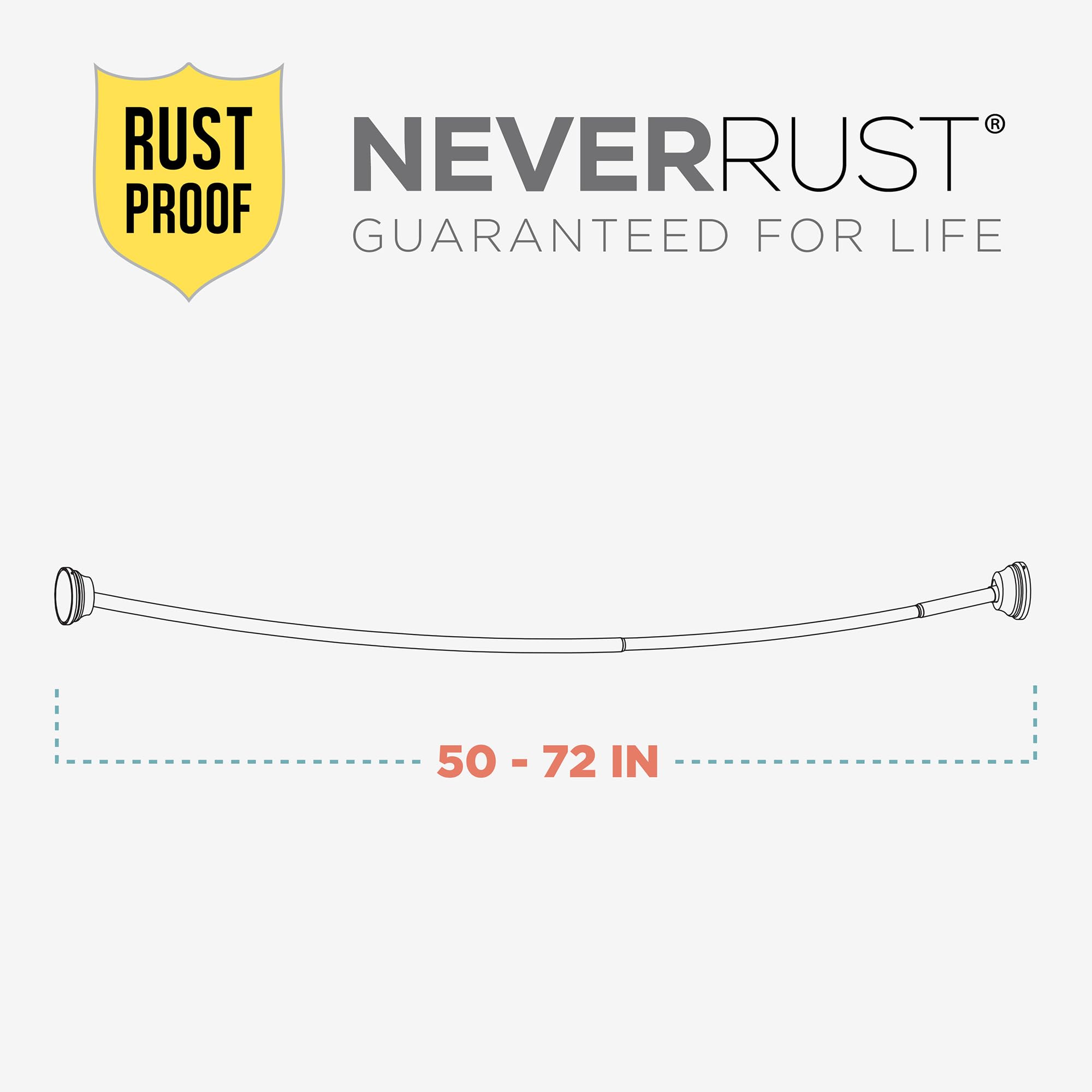 Zenna Home TENSION Rustproof Curved Shower Curtain Rod, NO DRILLING Adjustable Shower Rod, 50" to 72", Expandable, Telescoping, NeverRust, Satin Nickel