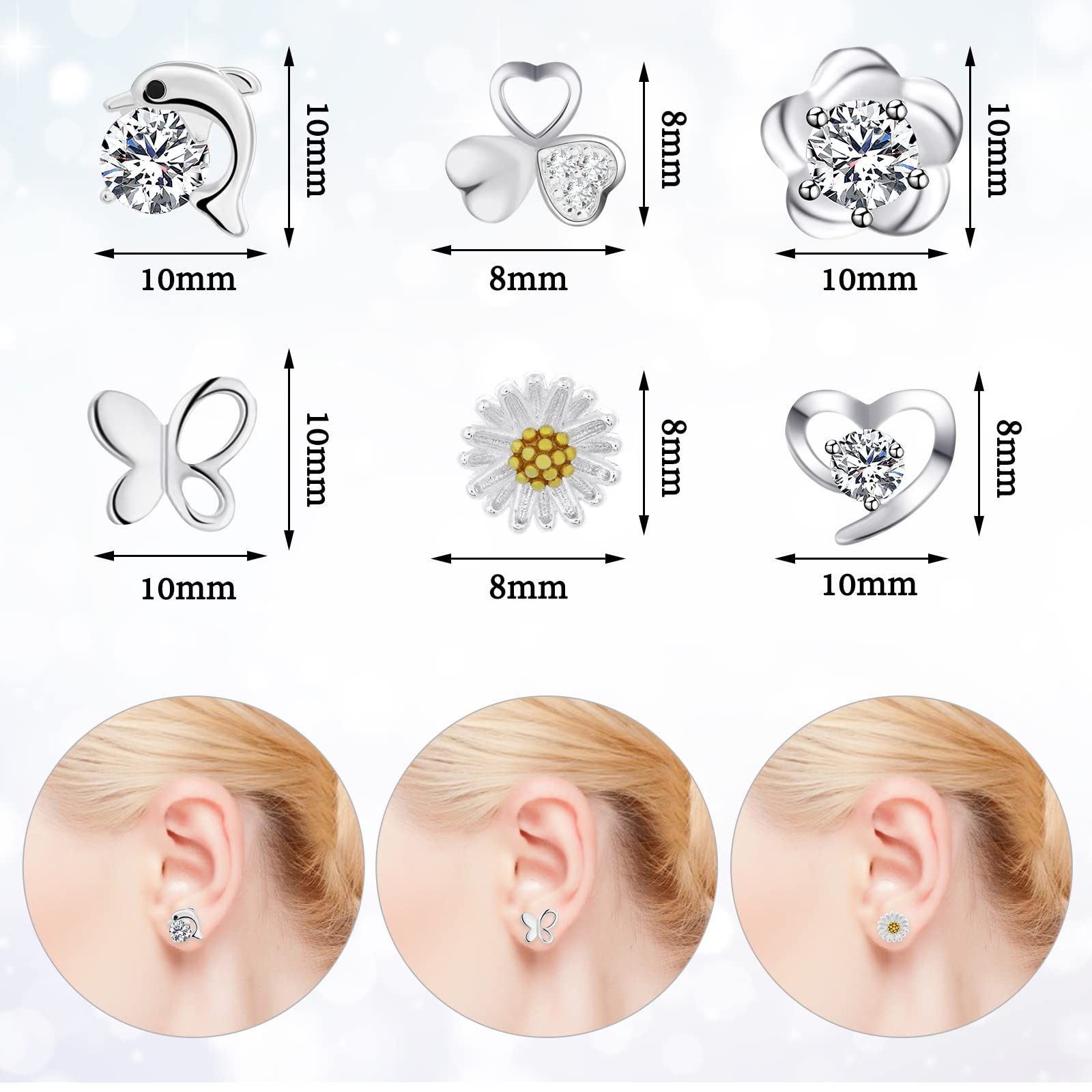 Yolev 6 Pairs Tiny Stud Earrings Set, Rhinestone Stud Earrings Hypoallergenic Heart Butterfly Flower Dolphin Daisy Silver Stud Earrings for Women