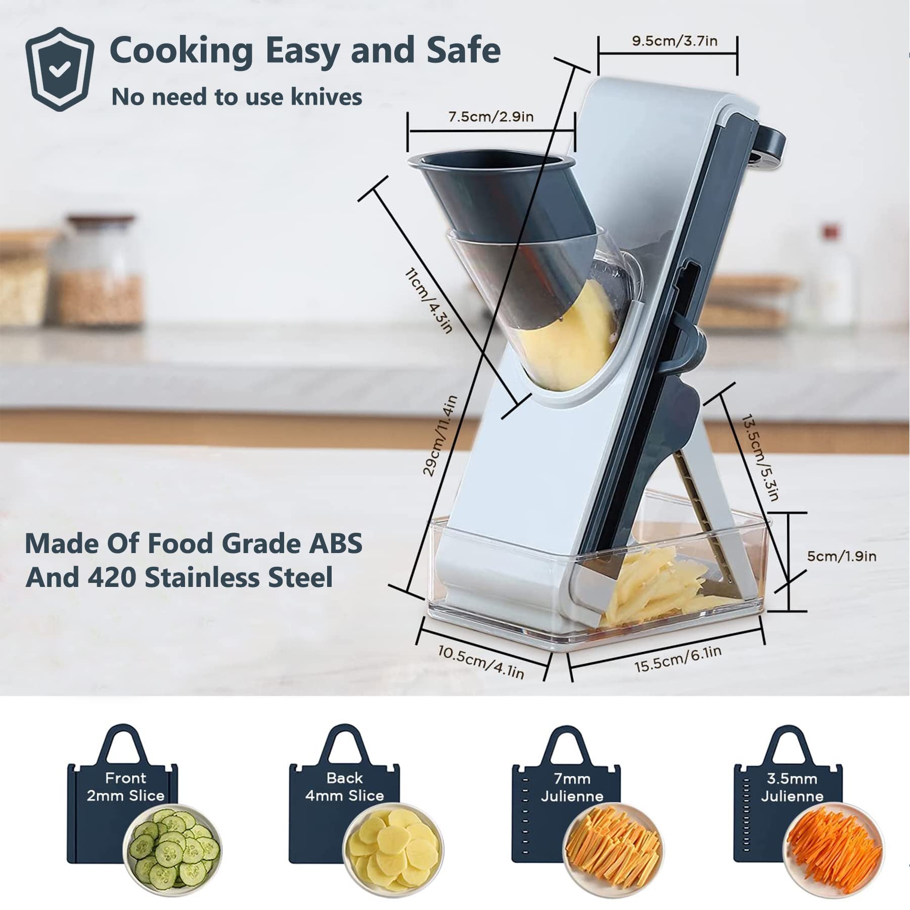 Vegetable Chopper Mandoline Slicer Food Chopper for Kitchen, with 3 Adjustable Thickness Stainless Steel Blades for Vegetable Fruit Meat