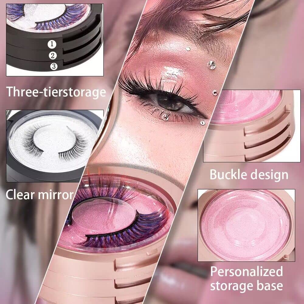YiQiYi False Eyelash Case 2 PCS Round Eyelashes Organizer Box with Makeup Mirror New Look Cosmetic Storage Packing Plastic Holder Case Travel(Black and Lilac Lavender)