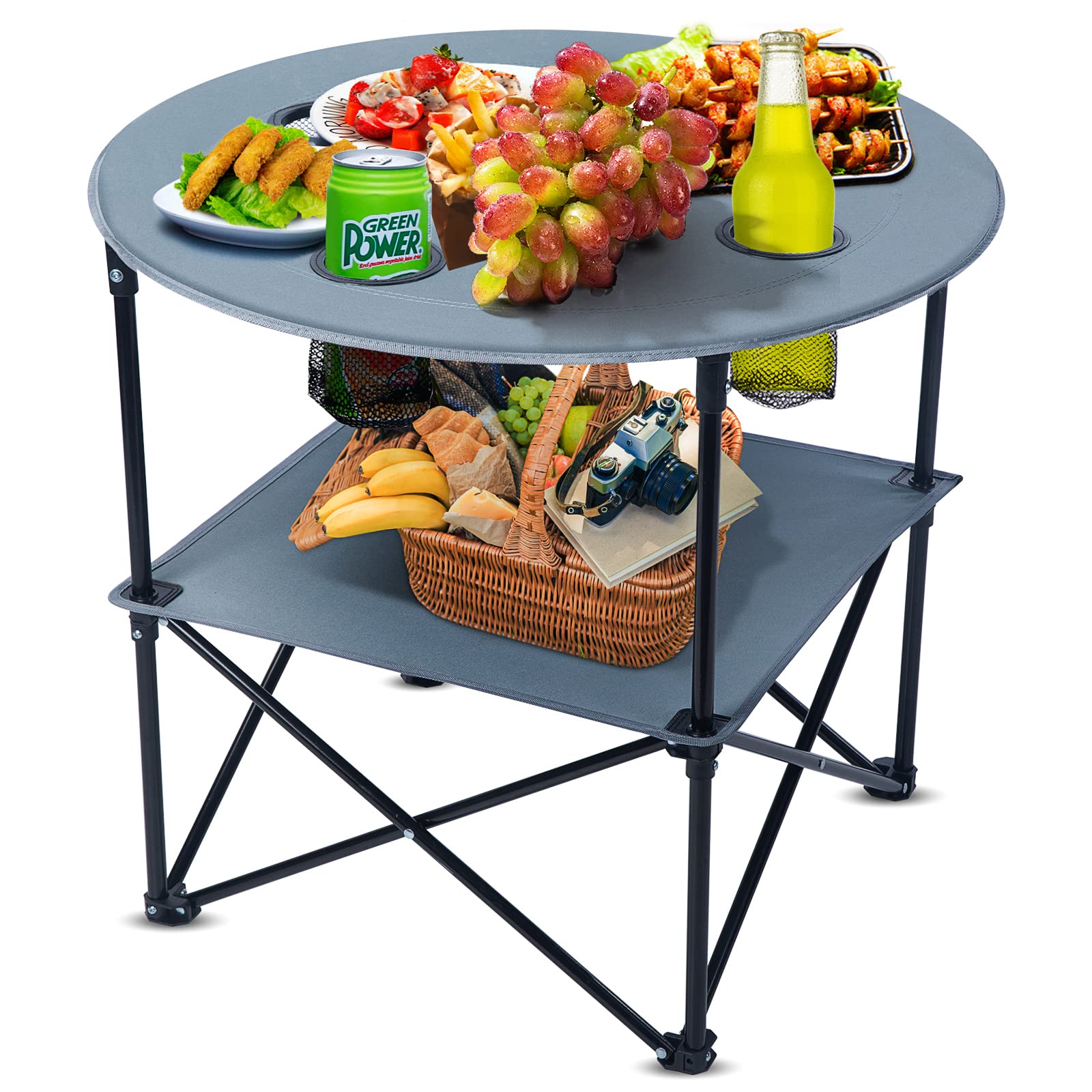 WOSVOLUNT Portable Camping Table Folding Pop up Tables Lightweight Beach Table for Sand Canvas Picnic Table Round Camping Side Table with Cup Holder for Outdoor, Tailgating,Travel