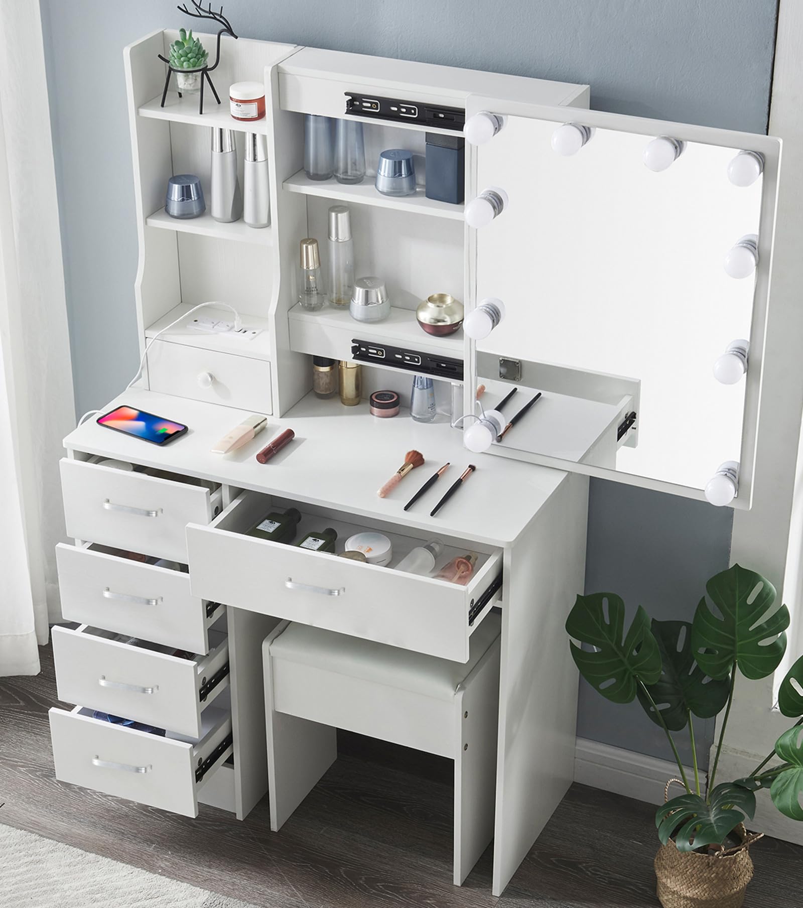 White Makeup Vanity with Lighted Mirror, Vanity Table with Storage Drawer, Dressing Table with Cushioned Stool and for Bedroom, Makeup Room (Modern Vanity 007)