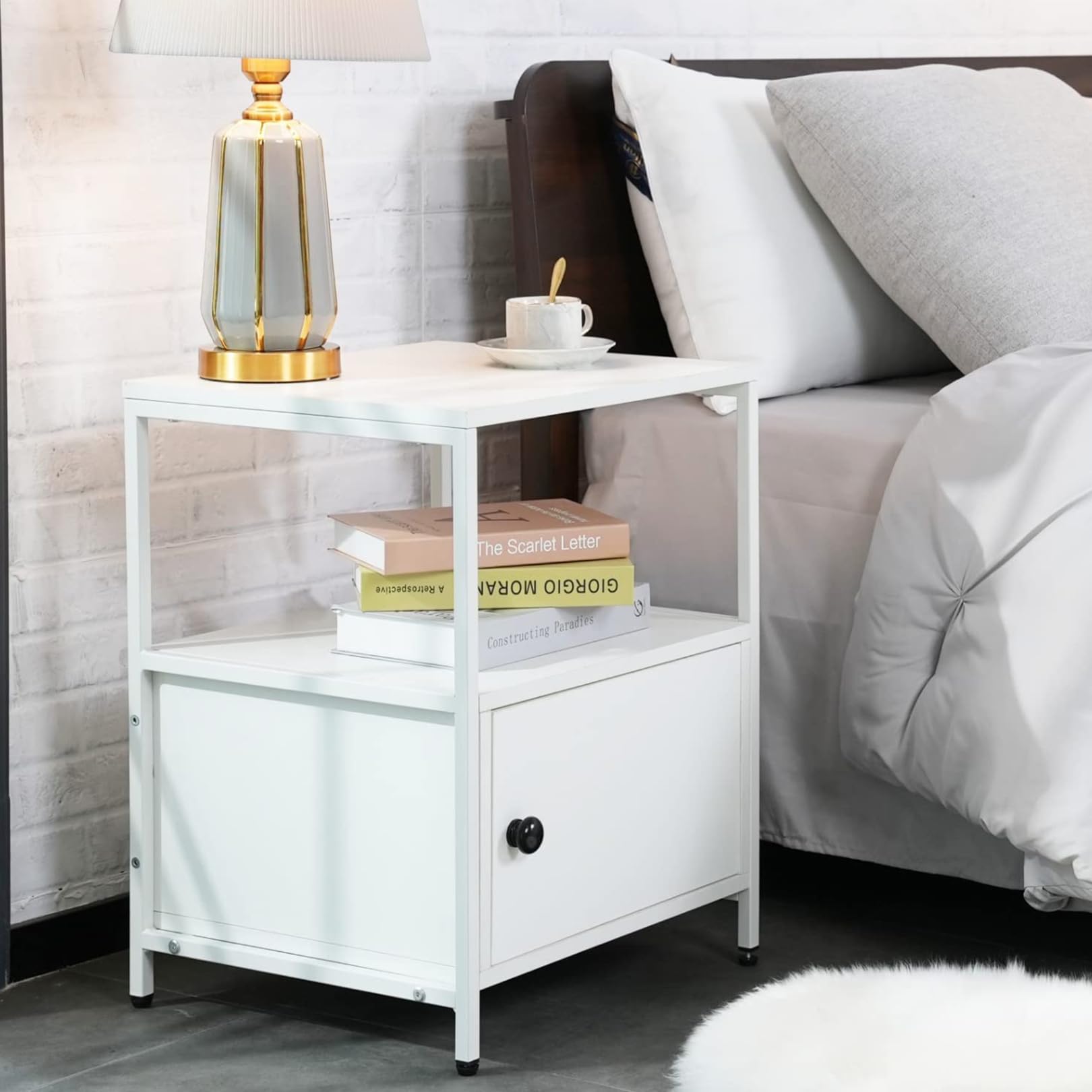 White Nightstand with Drawer and Open Shelves, 3-Tier Side Table with Large Inventory Spaces, Modern End Stand Table for Bedroom, Living Room (1 Pack)