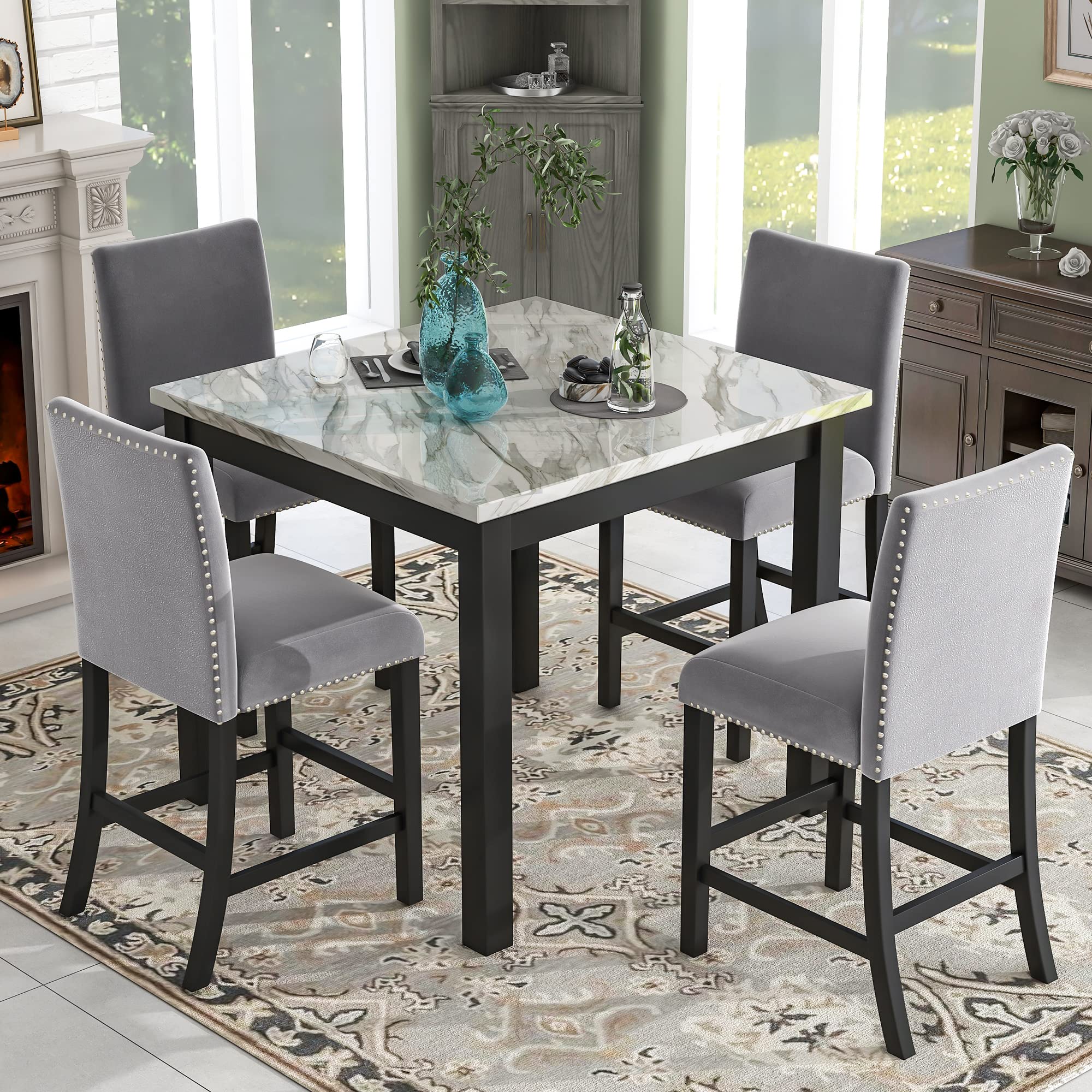 WOZNLA 5-Piece Counter Height Dining Set for 4, Square Faux Marble Table with 4 Comfortable Upholstered Chairs for Kitchen and Living Room, Gray