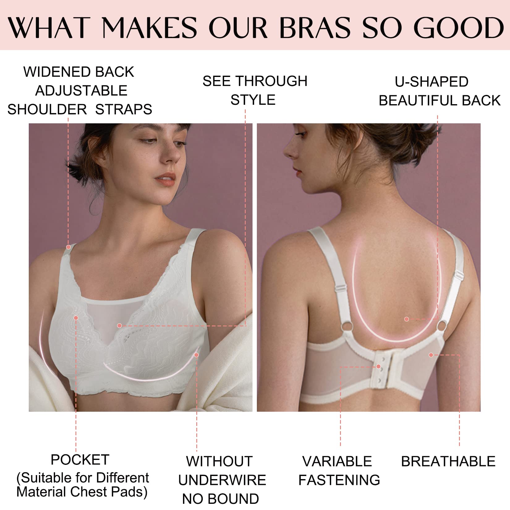 Vollence Mastectomy Bra with Pockets for Silicone Breast Forms Prosthesis Women Everyday Bra White