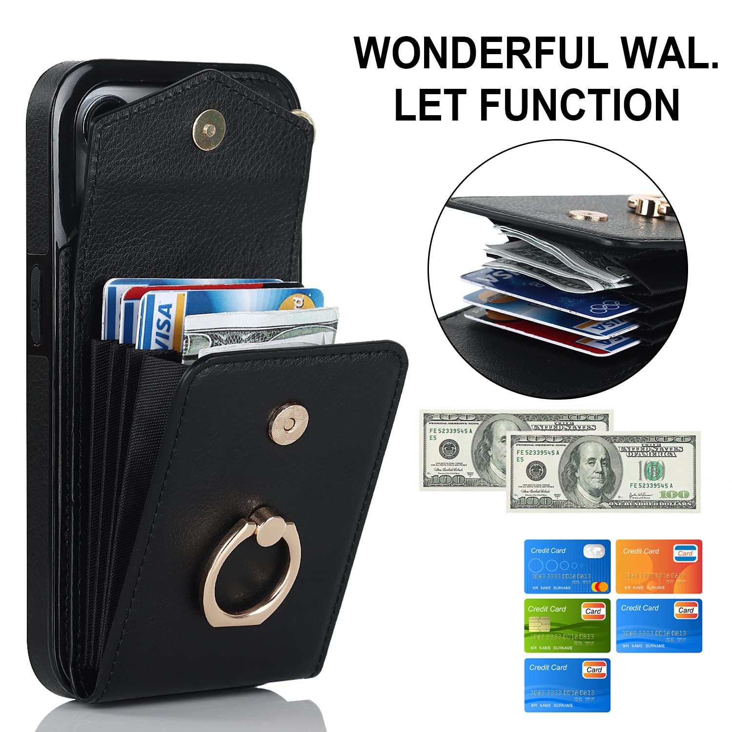 XYAJUANG Phone Case Compatible with iPhone 14 Pro（6.1''），Leather Accordion Folding Wallet &Card Holder with RFID Shielding Material Phone Case ，with Adjustable Ring Holder and Lanyard (Black)