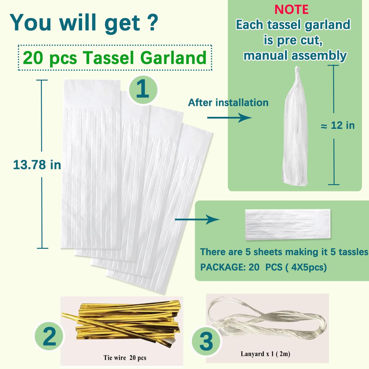 White Tassel Garland 20 Pcs, Tissue Paper Tassels Garland Banner for Party Birthday Wedding Decoration baby shower table decor