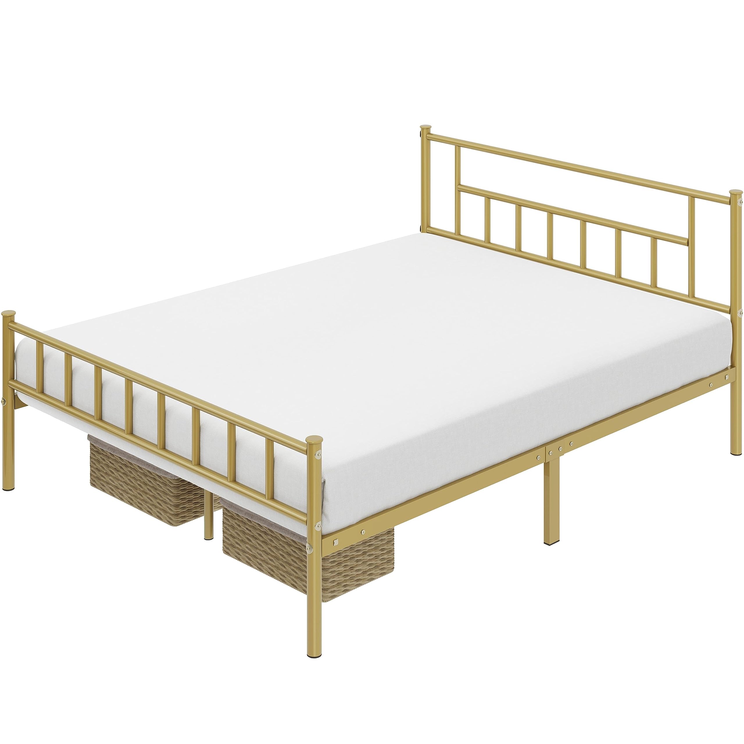 Yaheetech 13 inch Queen Size Metal Bed Frame with Headboard and Footboard Platform Bed Frame with Storage No Box Spring Needed Mattress Foundation Antique Gold
