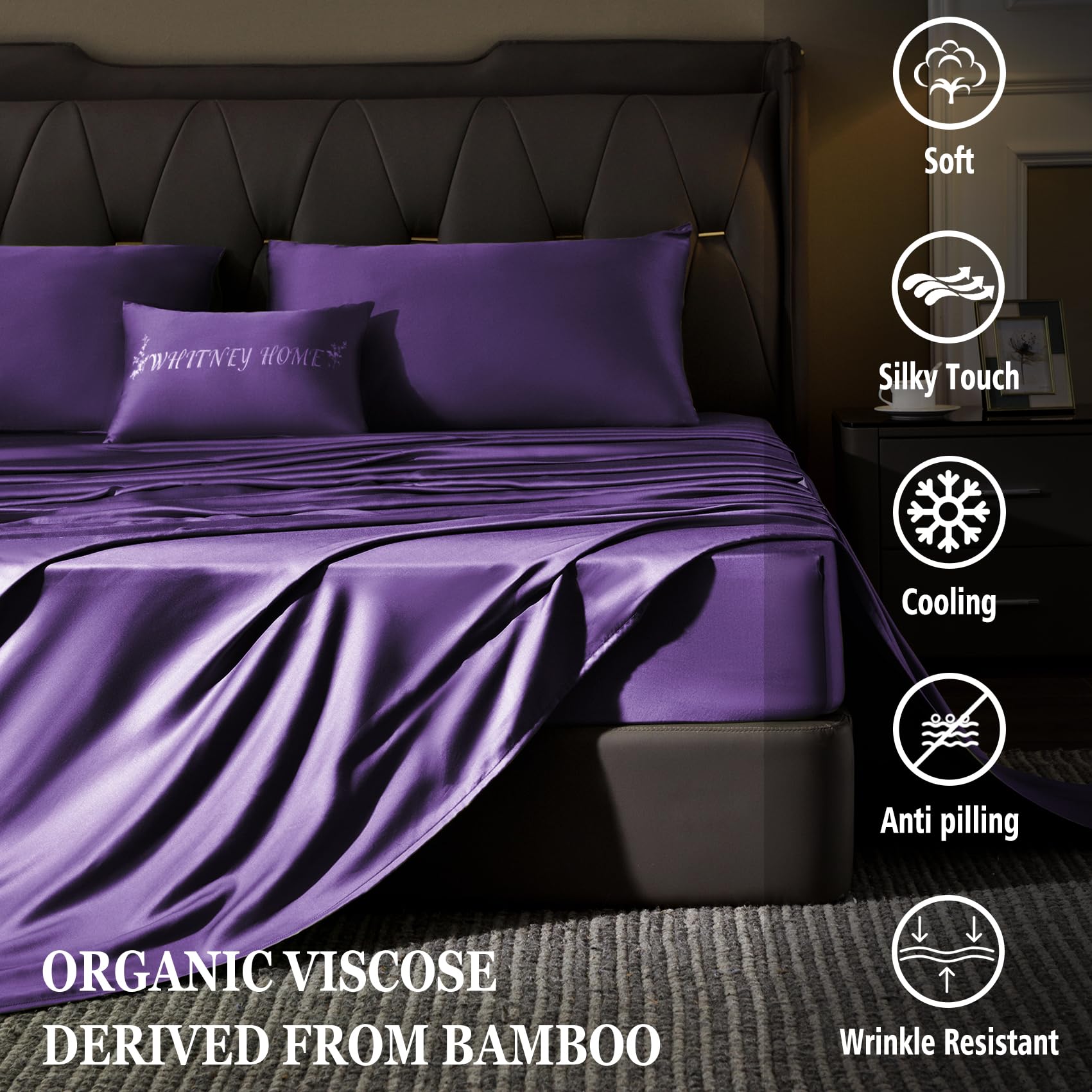 Whitney Home Textile Queen Size Sheet Set - Rayon Derived from Bamboo, Luxury Cooling Bed Sheets, 16" Extra Deep Pocket, Soft & Breathable Hotel Bedding Sheets and Pillowcases Sets