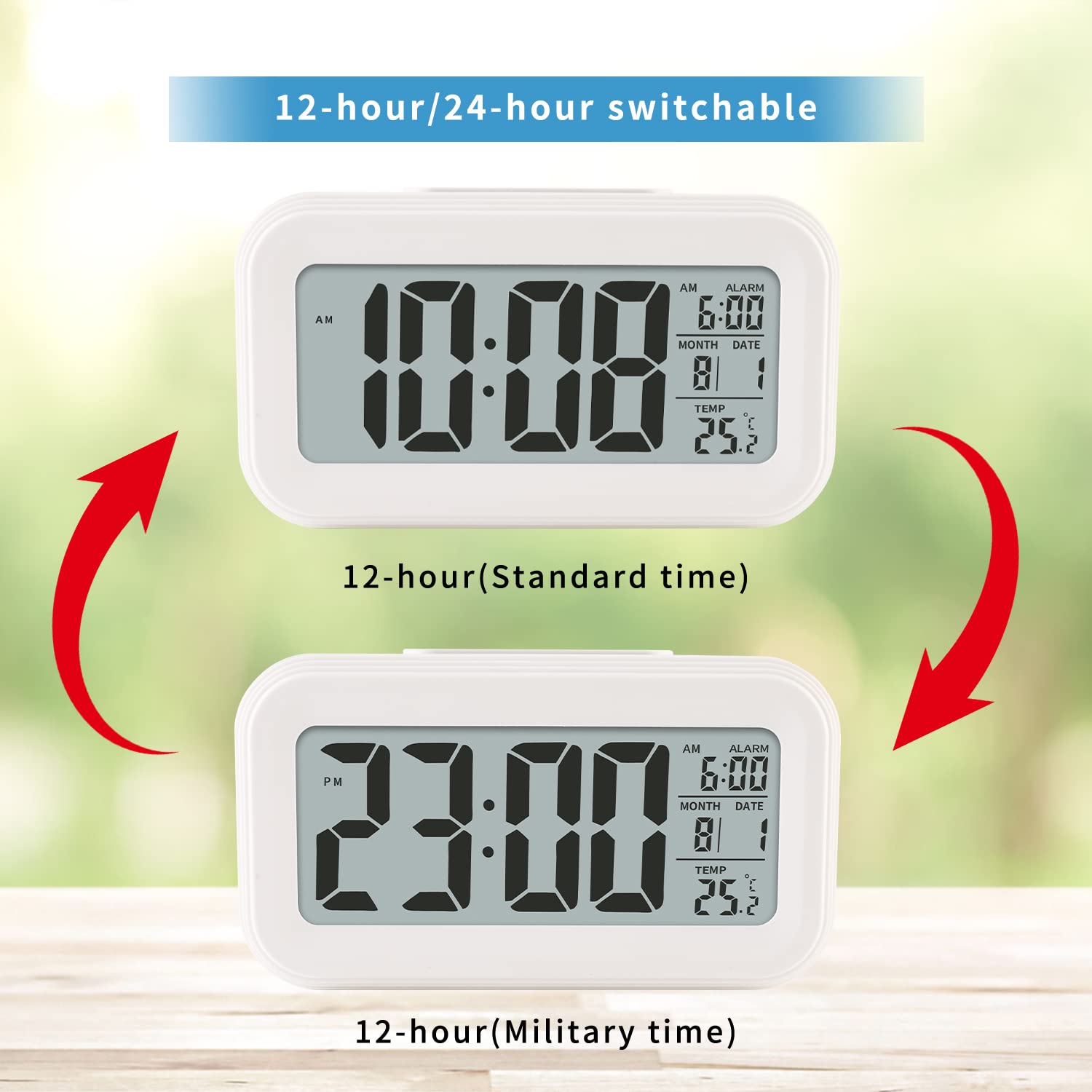 YUANRANER Digital Alarm Clock with Indoor Temperature, Battery Operated,Snooze Model,12/24H Display for Bedrooms Heavy Sleepers Kids Travel Bathroom Desk Smart Clock