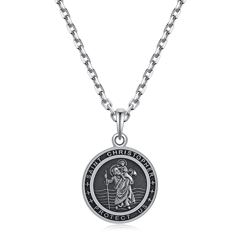 VENICEBEEĀ® Saint Christopher Protect Us Medal St. Christopher Protection Devotional Christian Amulet Solid 925 Sterling Silver Pendant Necklace + Velvet Pouch, Polishing Cloth, Fine Gift Box
