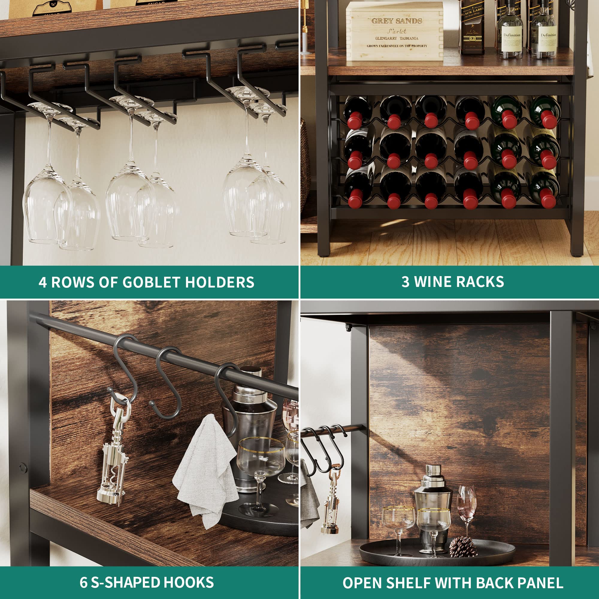 YITAHOME Kitchen Microwave Bakers Stand Wine Rack, Coffee Bar Storage for Liquor Glasses Power Outlet, Wine Rack Freestanding Floor Tall Farmhouse Shelf Dining Room Hutch 35 Inch Large, Rustic Brown