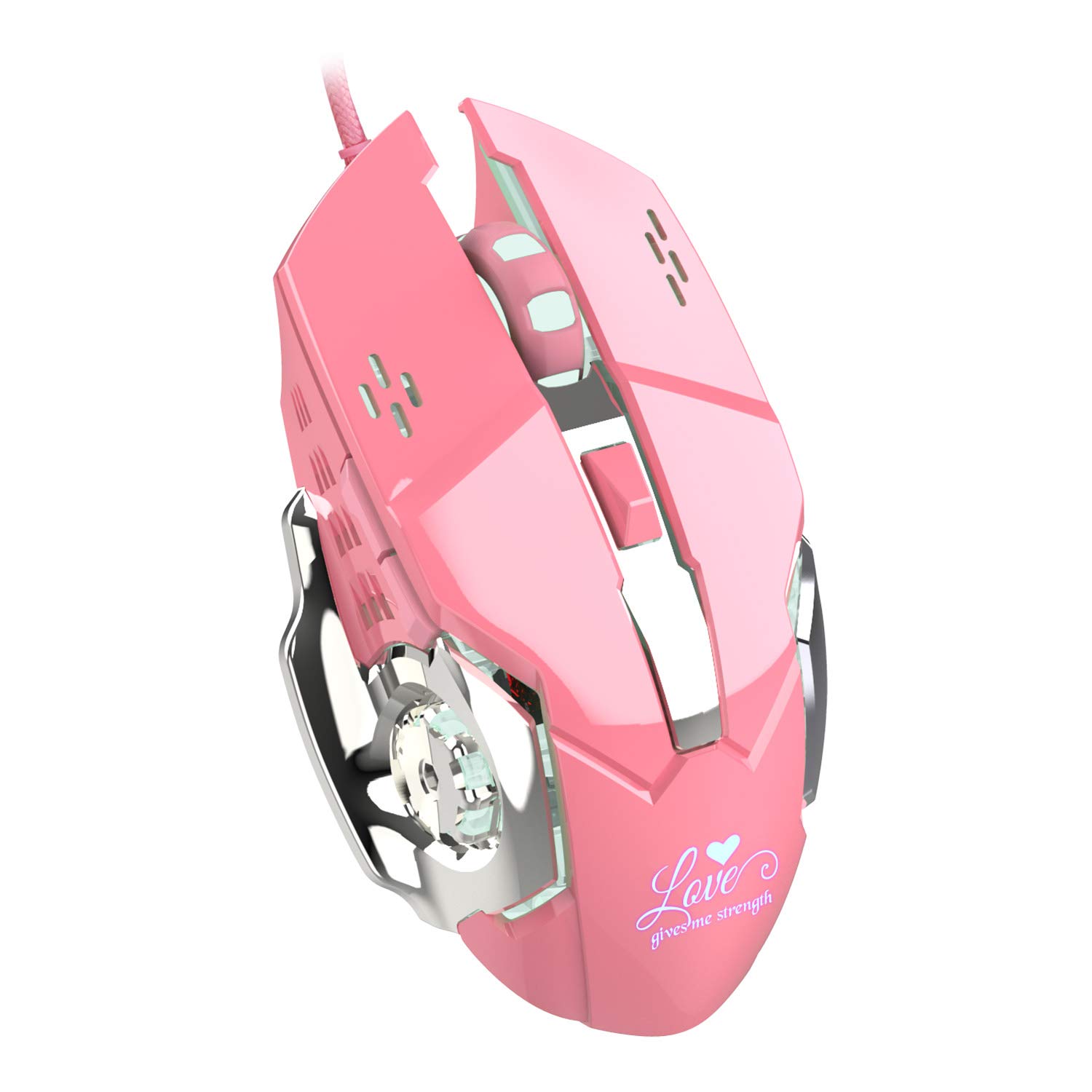 Wired Gaming Mouse, Metal Texture Mechanical Cool Shape,Cool Light Backlit, Four-Speed Optical Engine Switching, Up to 3200DPI,Comfortable Grip Ergonomic Optical USB Gaming Mice (Pink)