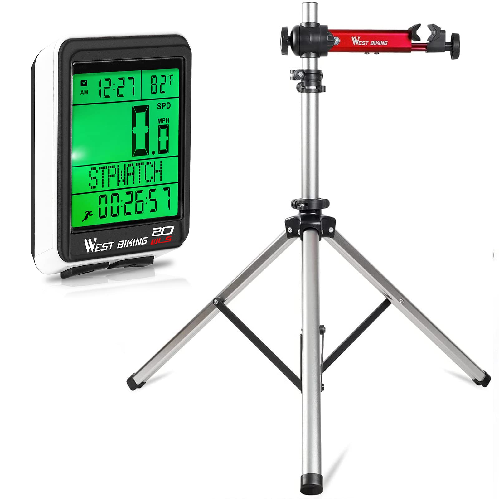 West Biking Bike Repair Stand(Max 85 Lbs) - Adjustable Foldable Bike Workstand With Quick Release + Wireless Bike Computer - 5 Language Bicycle Odometer & Speedometer Rainproof Weekly & Automatic