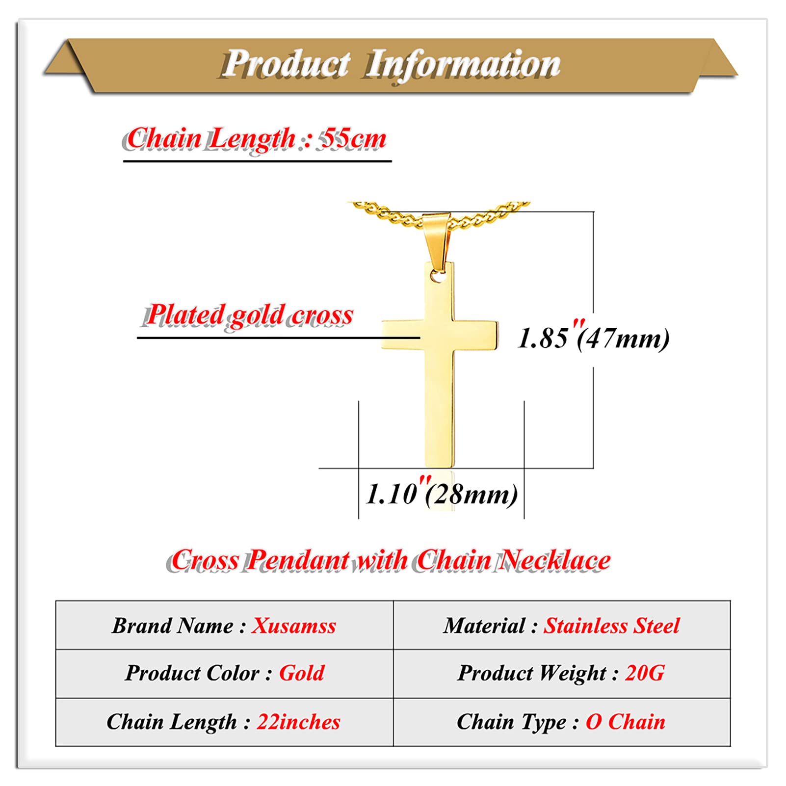 Xusamss 18K Gold Plated Stainless Steel Cross Religious Pendant Necklace,22inches Link Chain